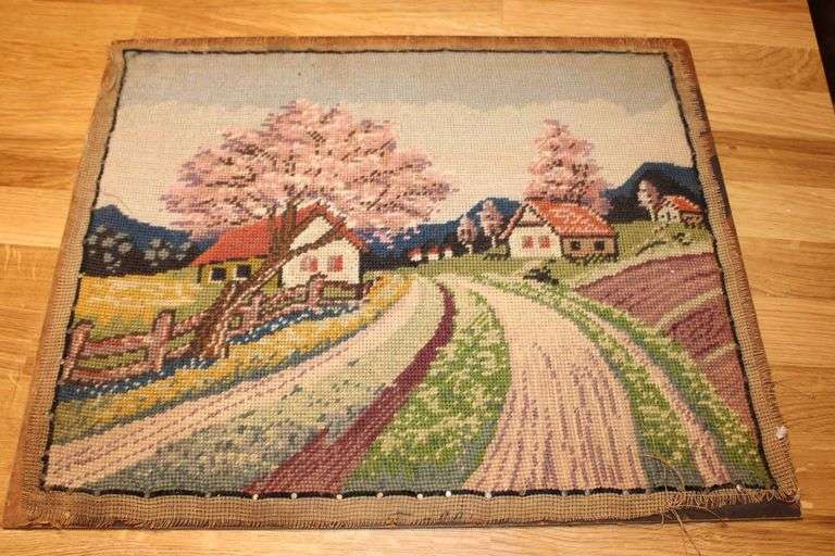 Handcrafted Needlepoint Artwork Depicting Rural Landscape with Houses ...