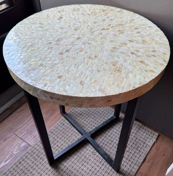 Pier One Round Side Table With Faux Mother-of-Pearl Mosaic Top and Wood ...