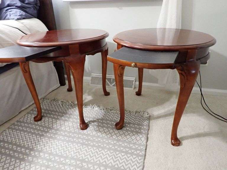 Ethan Allen Round Wood Side Tables with Slide-Out Trays - Auction Ohio