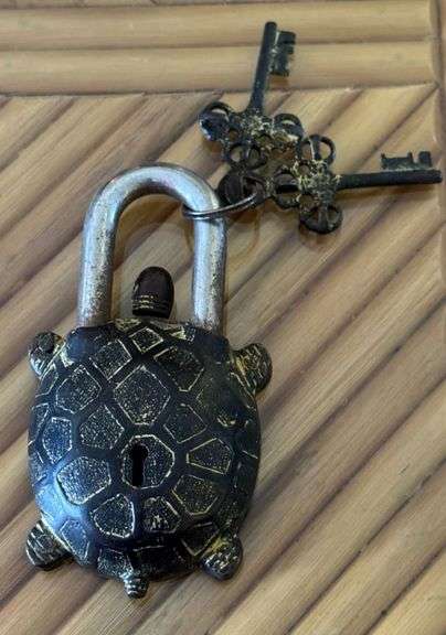 Turtle-Shaped Brass Tricky Padlock with Two Ornamental Keys - Auction Ohio