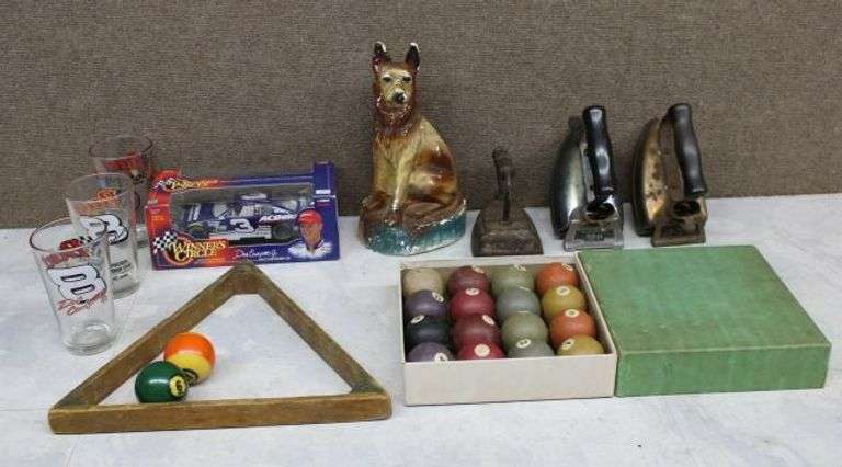 NASCAR Die-Cast Car, Pool Balls, Wood Rack, Ceramic Dog Statue, Irons ...