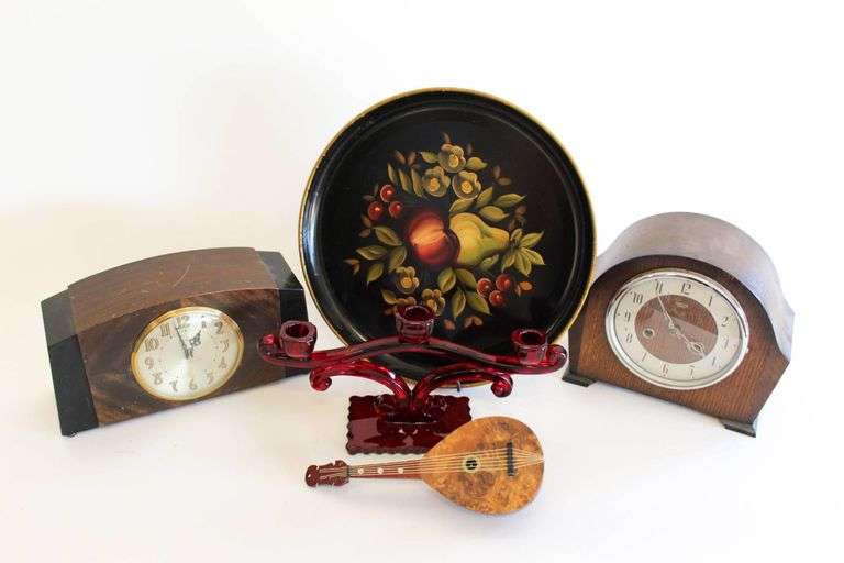 MANTLE CLOCKS, CRANBERRY GLASS VIKING CANDELABRA, TRAY, MANDOLIN MUSIC ...