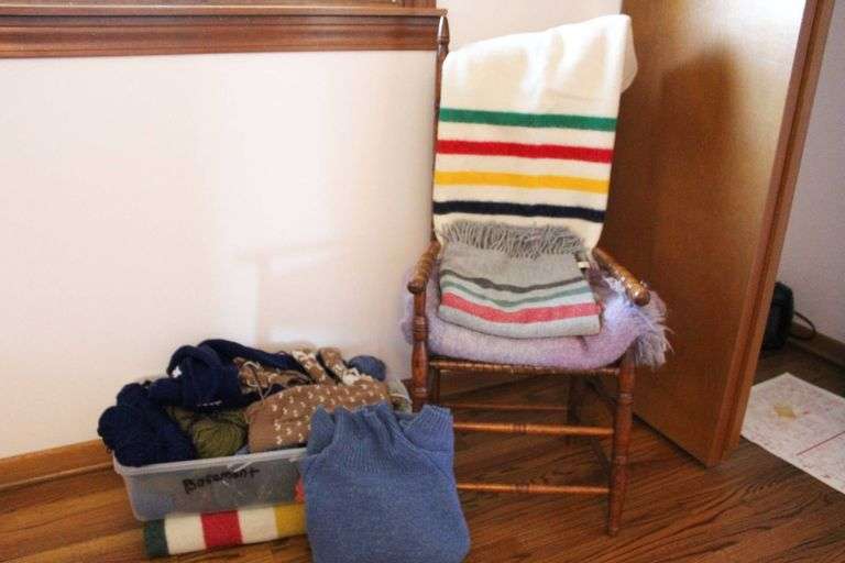 PENDLETON WOOL BLANKETS AND LADDER-BACK CHAIR WITH KNITTING YARN AND ...