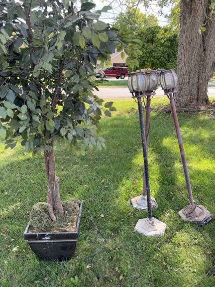 Artificial Potted Tree and Three Vintage Outdoor Lamp Posts - Auction Ohio