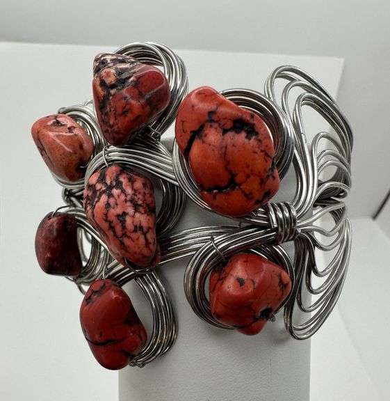 Artisan Red Howlite Stone Fine Silver Wire Cuff Bracelet - Auction Ohio