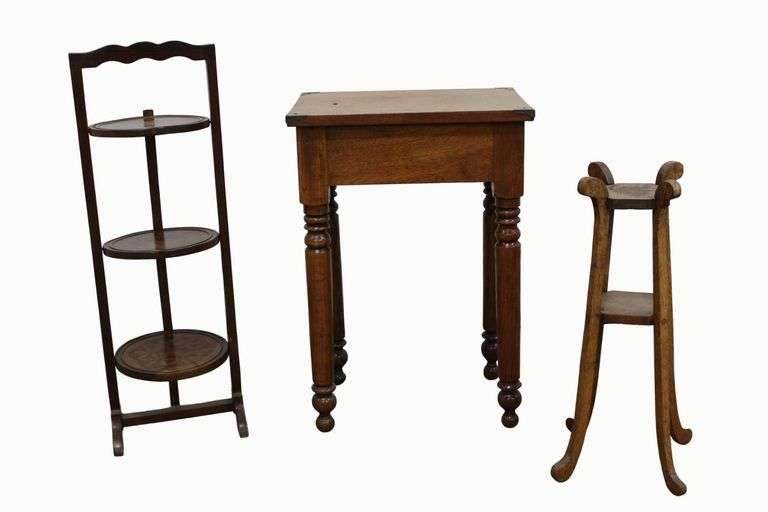 WOODEN THREE-TIERED STAND, TURNED LEG TABLE, AND PRIMITIVE PLANT STAND ...