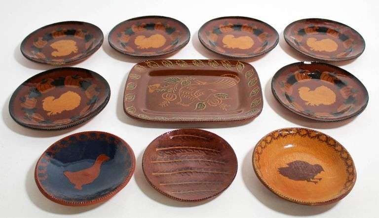 GROUP OF FOLTZ POTTERY REPRODUCTION REDWARE PLATES AND PLATTER ...