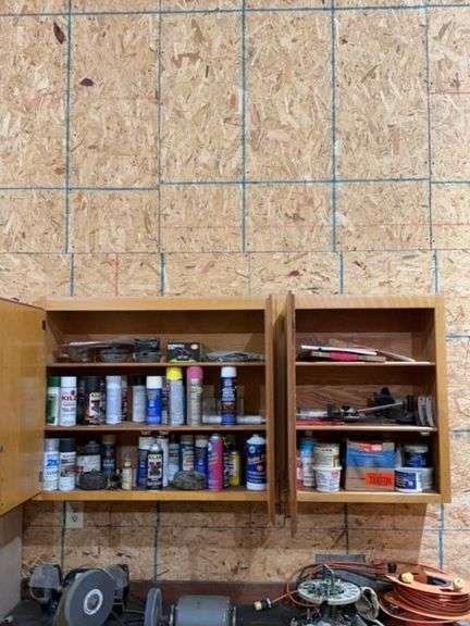 Wooden Cabinet with Assorted Spray Paints and Tools - Auction Ohio