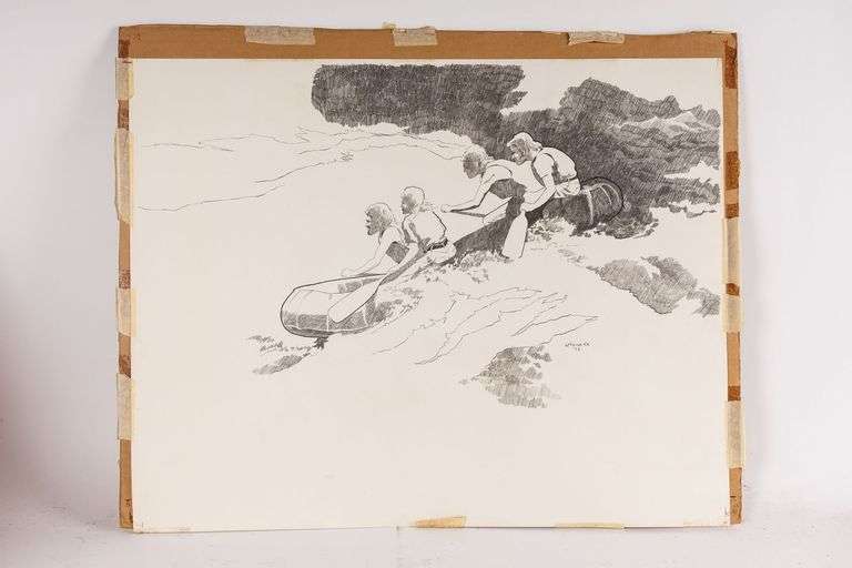 Wayne Meinke Original Pencil Artwork- Canoeing - Auction Ohio