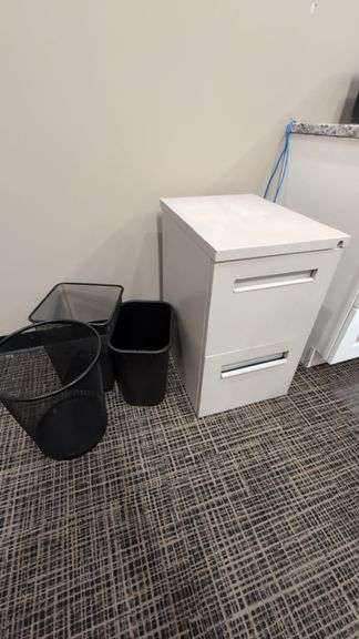 White Two-Drawer Metal Filing Cabinet With Three Trash Bins - Auction Ohio
