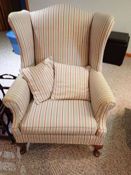 Traditional Wingback Chair with Striped Upholstery and Matching ...