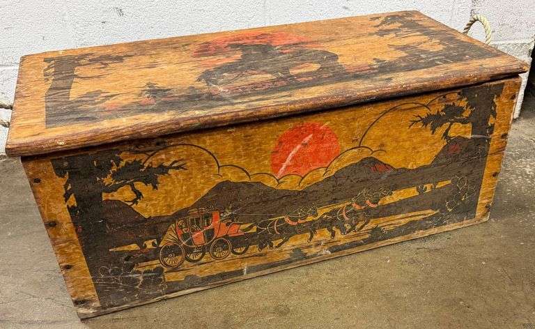 Vintage Western Themed Hand-Painted Wooden Storage Chest with Blocks ...