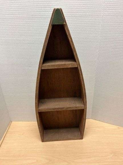 Wooden Boat-Shaped Shelf Unit With Green Accents – 3 Tiers - Auction Ohio