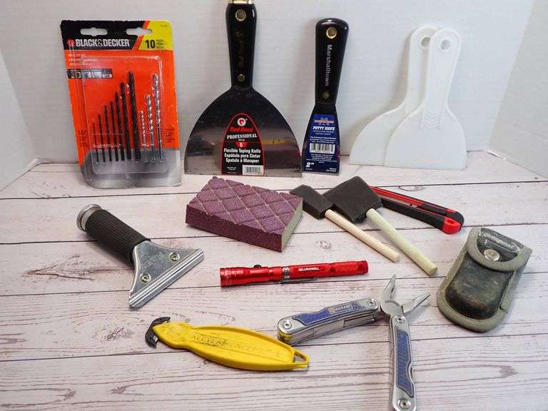 Tools Including Multitool, Putty Knives, Drill bits and Sanding Block ...