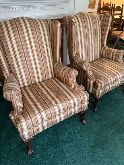 Pretty striped wingback chairs - Auction Ohio