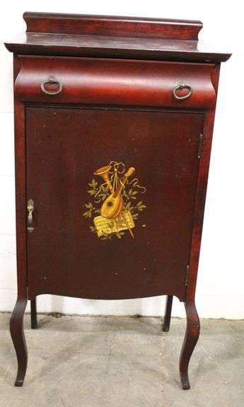 ANTIQUE MAHOGANY SHEET MUSIC CABINET WITH MUSICAL INSTRUMENT DECORATION ...