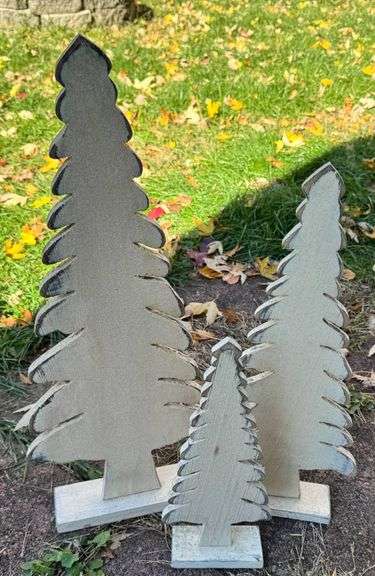 Three Freestanding Wooden Tree Figures with Base Stands - Auction Ohio