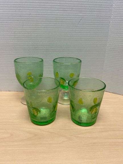4 Green Bubble Glass Cups with Lemon Design – Approx. 5 Inches Tall ...