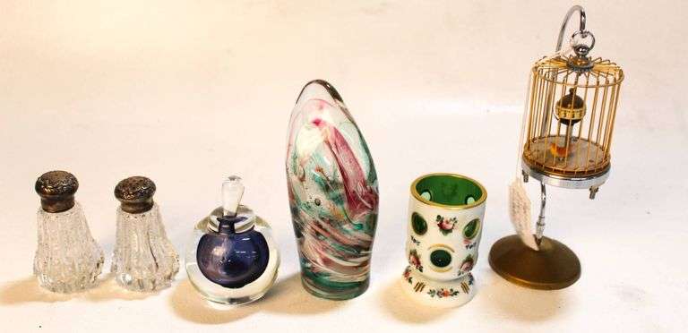 BLOWN GLASS PERFUME BOTTLE, SALT AND PEPPER SHAKERS, JAPANESE GLOBE ...