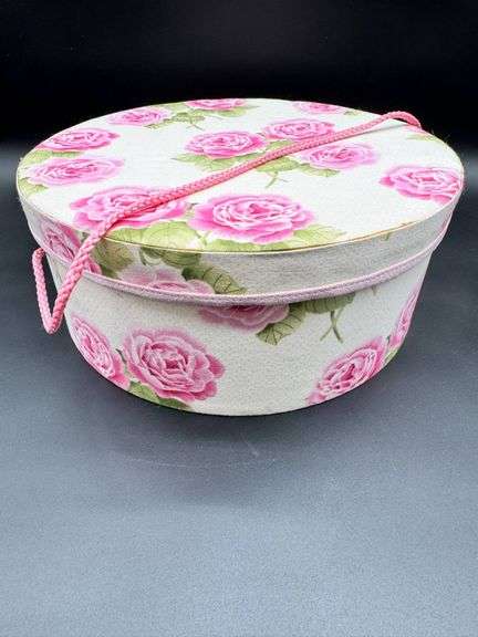 Pretty Round Floral Storage Box With Pink Roses and Handle LARGE ...