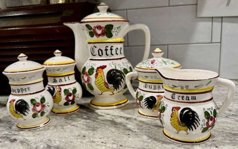 Vintage Rooster and Roses Hand-Painted Ceramic Coffee & Condiment Set ...
