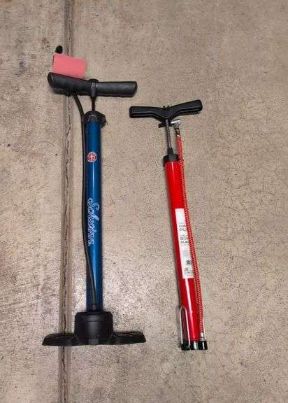 Two Bicycle Pumps: Blue Schwinn & Red Hand Pump - Auction Ohio