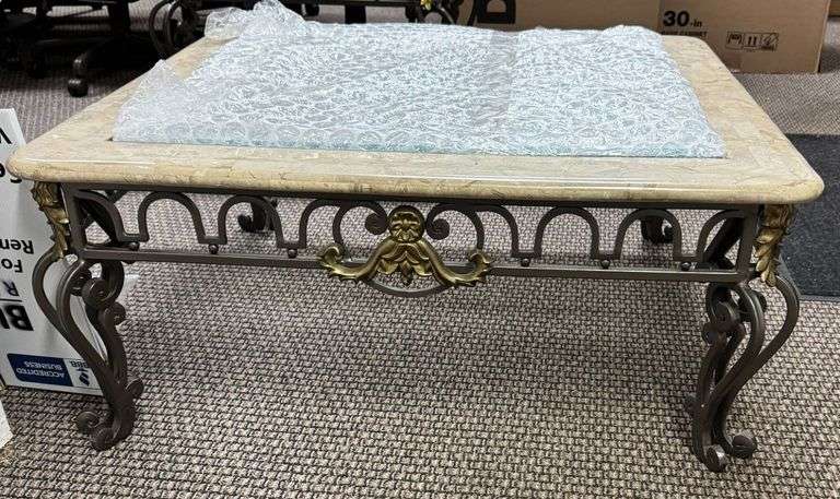 “PULASKI” Ornate Metal and Marble-Top Coffee Table with Gilded Accents ...