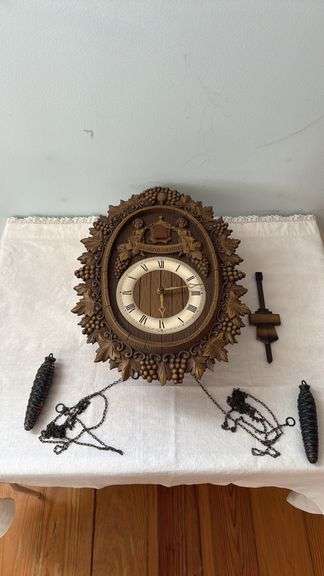 Vintage Wall Clock with Decorative Frame and Weights - Auction Ohio