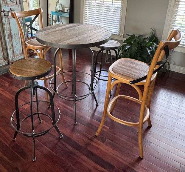 Arhaus Table with Wood Top and Four Stools - Auction Ohio