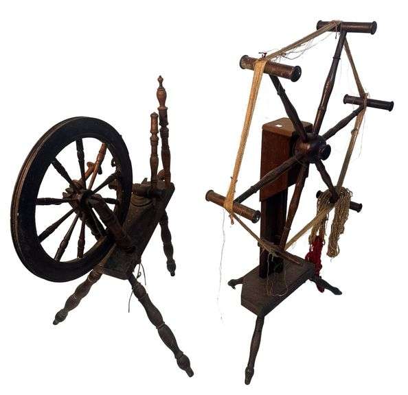 WOODEN SPINNING WHEELS WITH TURNED DETAILS. - Auction Ohio
