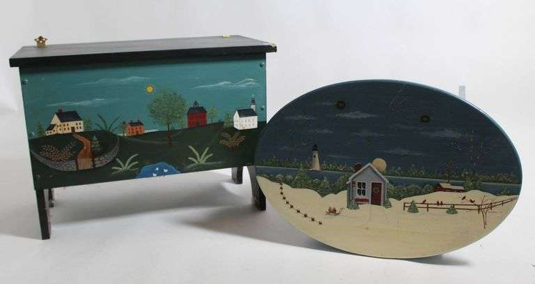 PAINTED BLANKET CHEST AND OVAL TOP STAND WITH PAINTED WINTER SCENE ...