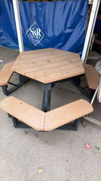Hexagonal Outdoor Picnic Table with Benches - Auction Ohio