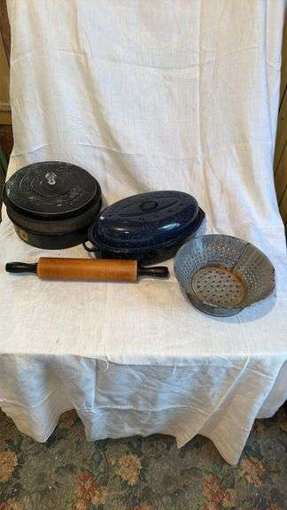 Vintage Cookware Set with Rolling Pin and Strainer - Auction Ohio