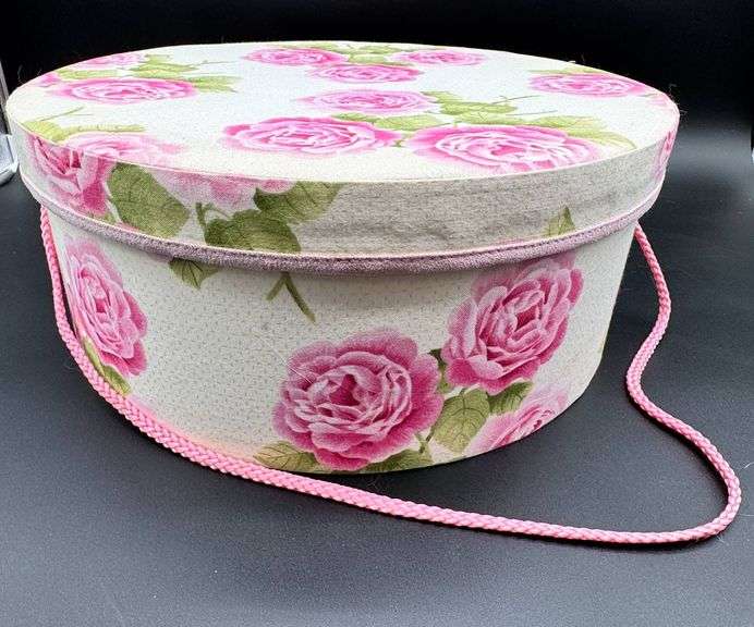 Pretty Round Floral Hat Box with Pink Rope Handle LARGE! - Auction Ohio