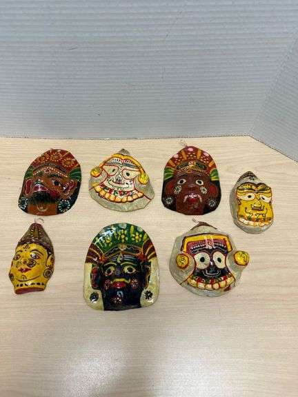 Seven Hand-Painted Paper Mache Masks with Decorative Designs and Hooks ...