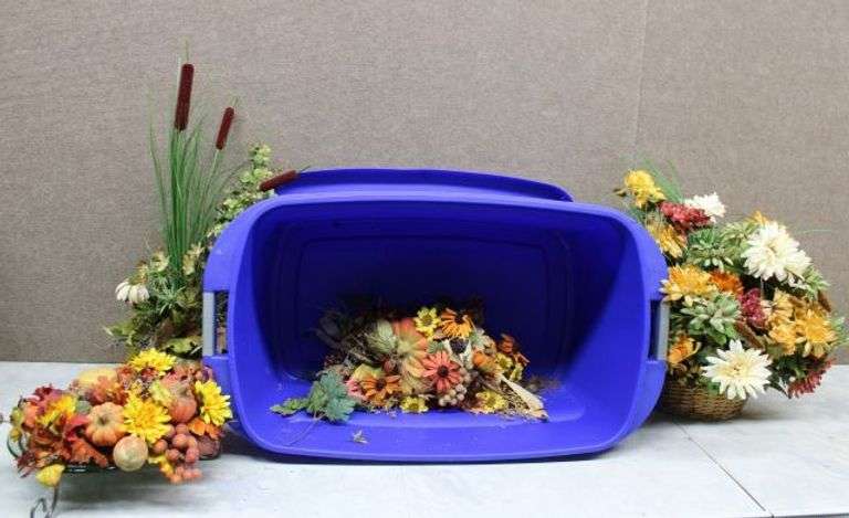 Artificial Floral Arrangements and a Sterilite 30-Gallon Storage Bin ...