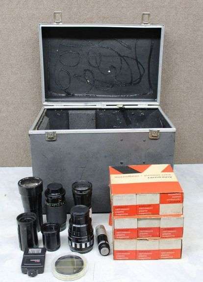 Camera Lenses, Accessories, and Equipment in Plastic Storage Case ...