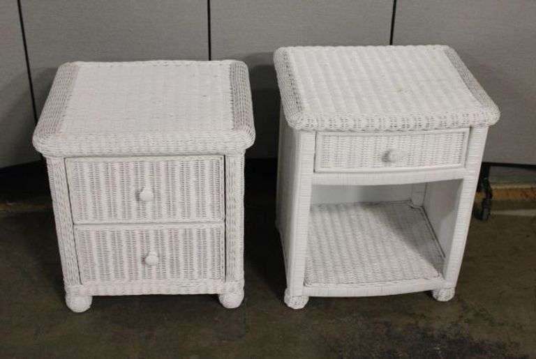 Two White Wicker Side Tables with Drawer and Storage Designs - Auction Ohio