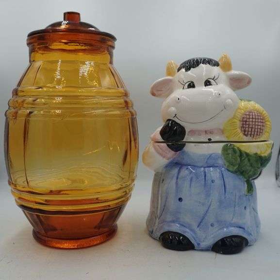 Lot of 2 Vintage Cookie Jars – Amber Glass Barrel & Cow/Blue Dress ...