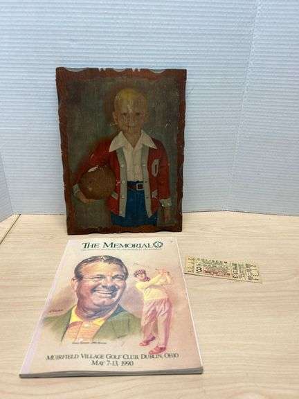 1990 The Memorial Program With Wooden Boy Portrait and 1958 Ticket Stub ...