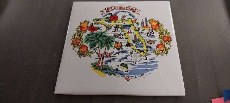 Decorative Square Ceramic Tile Depicting Map of Florida with Colorful ...