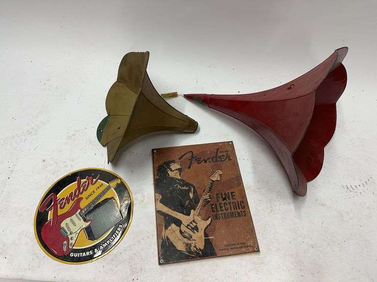 Fender repro signs and vintage Victrola metal bells - Auction Ohio
