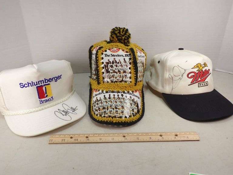 Three Vtg Caps: (autographed) Schlumberger, Steelers Beer Can hat, and ...