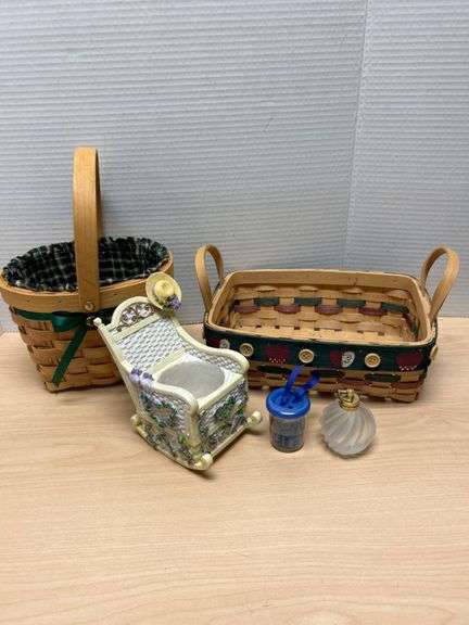 Decorative Baskets, Rocking Chair Trinket Holder, and Miniature Bottles ...