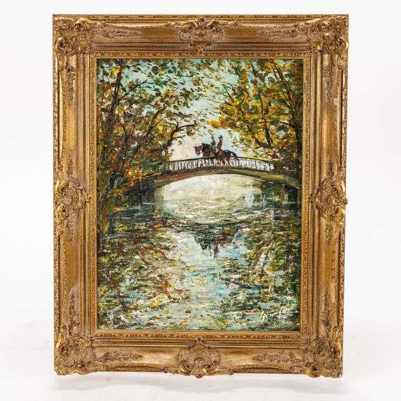 Impressionist Bridge Scene Oil Painting - Auction Ohio