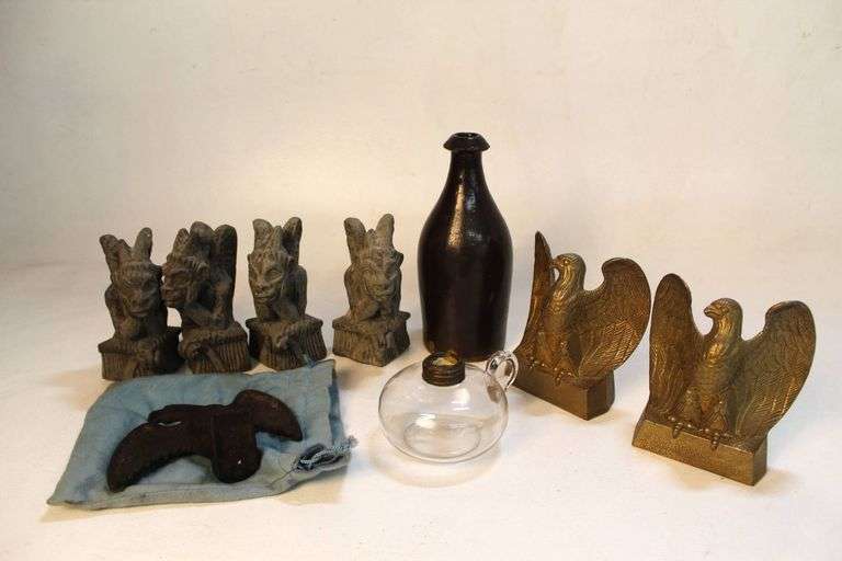 HOME DECOR INCLUDING BRASS FALCON BOOKENDS, CAST GARGOYLES, CAST IRON ...