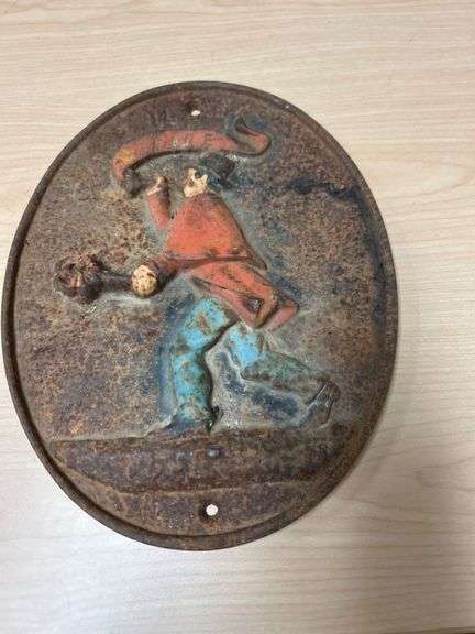 Oval Cast Iron Fire Mark Plaque Featuring Firefighter, Early Design ...