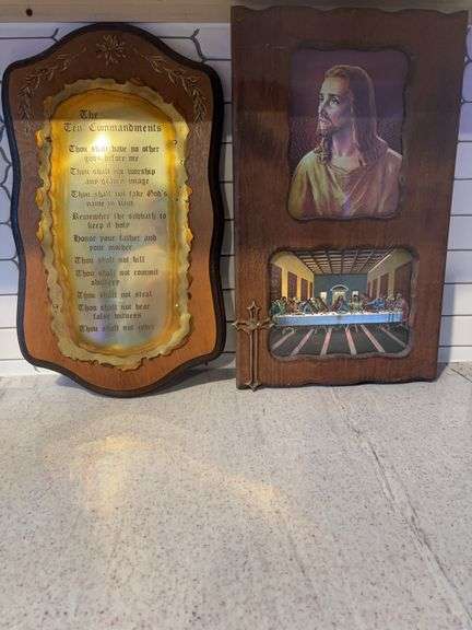 Framed Ten Commandments & Jesus Last Supper plus brass cross - Auction Ohio