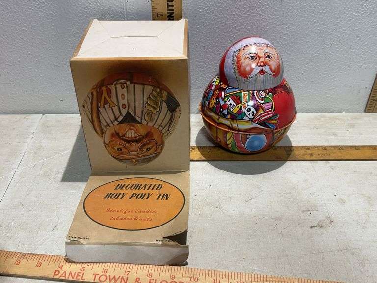 Decorated Roly Poly Santa Tin Made In Hong Kong - Auction Ohio