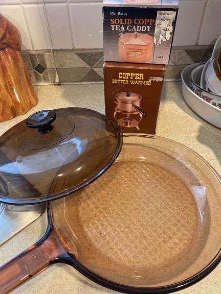 Corning Vision Amber 10 inch Glass Pan - Copper caddy and butter warmer ...